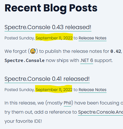 Recent Blog Posts have incorrect post date · Issue #962 · spectreconsole/spectre.console · GitHub