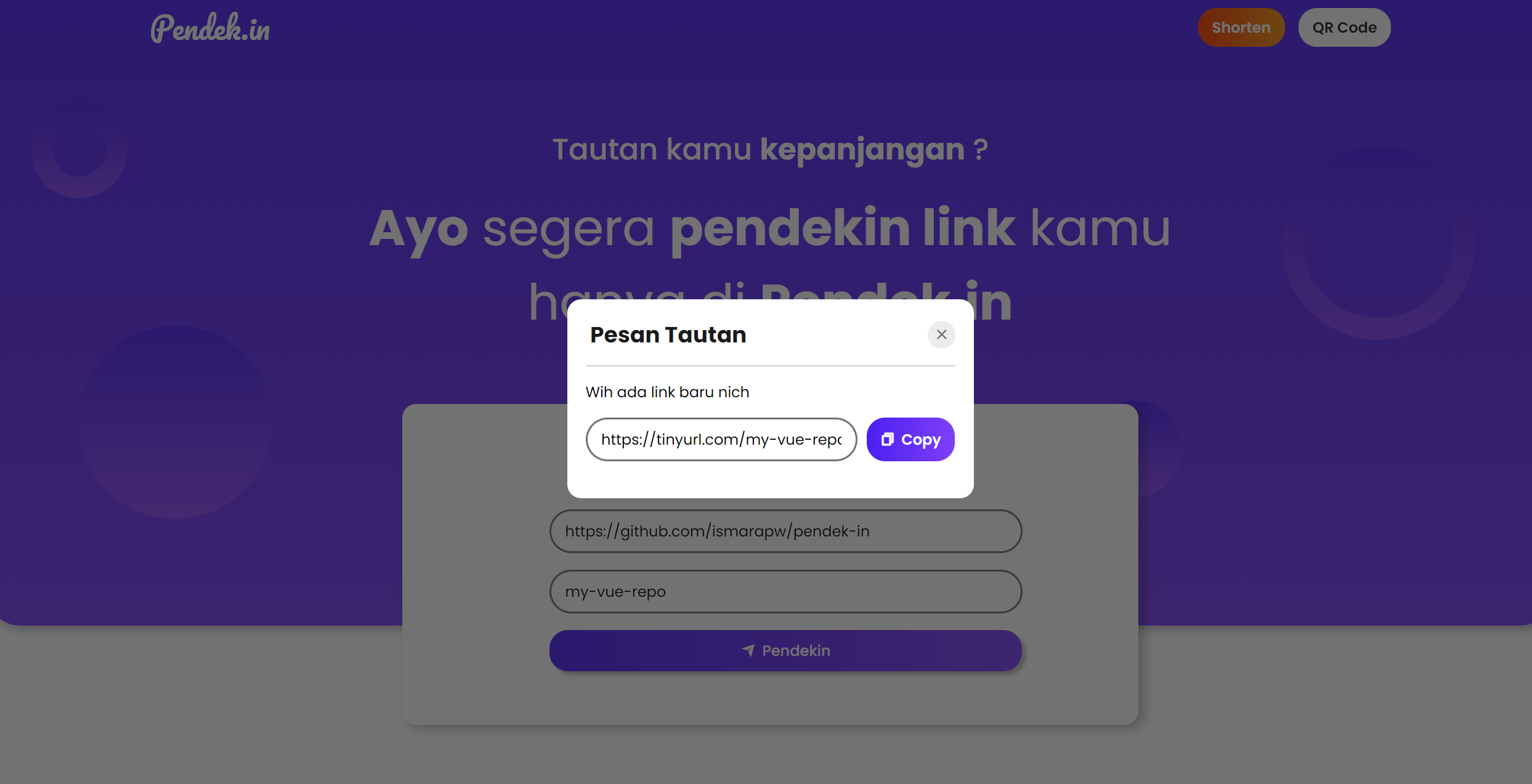 GitHub - ismarapw/pendek-in: Website Shorten Link dan Generate QR Code
