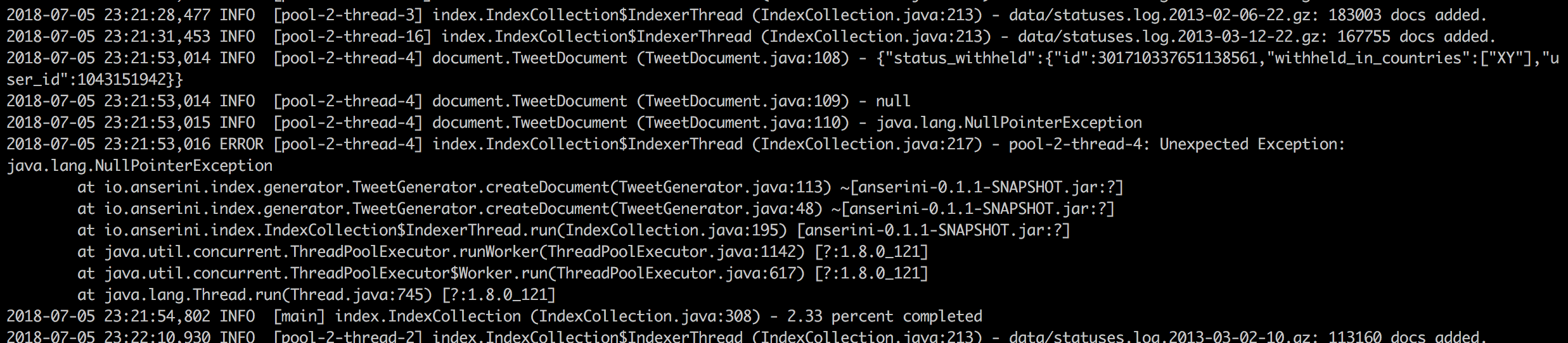Exceptions in Tweets2013 indexing · Issue #282 · castorini/anserini · GitHub