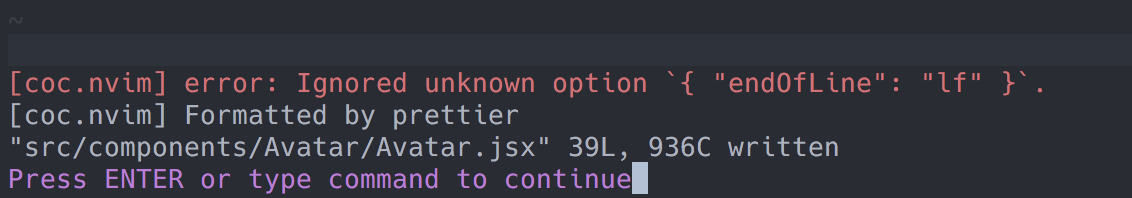 Error "Ignored unknown option `{ "endOfLine": "lf" }`." after saving · Issue #11 · neoclide/coc ...