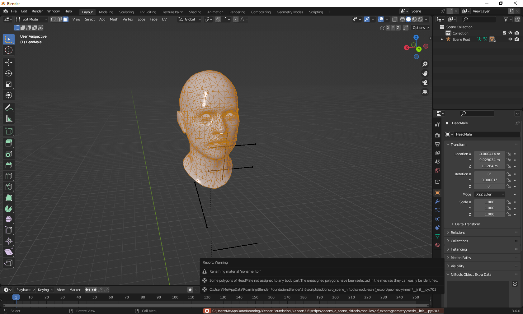 "Some polygons of HeadMale not assigned to any body part." when exporting unmodified Fallout 3 ...