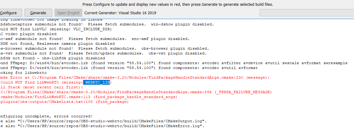Could NOT find LibWebRTC (missing: WEBRTC_LIB) · Issue #329 · CoSMoSoftware/OBS-studio-webrtc ...