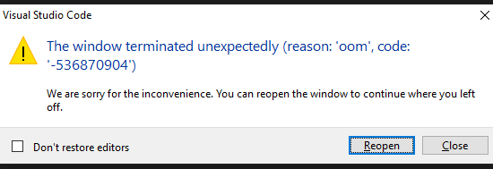 The window terminated unexpectedly · Issue #176215 · microsoft/vscode · GitHub