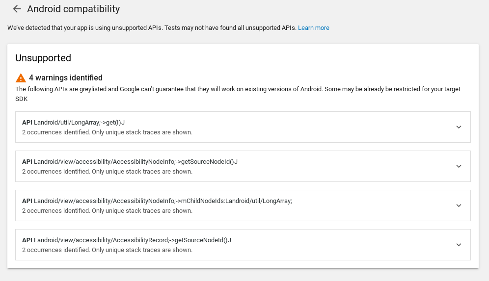 After switching to v1.7.8+hotfix.3 Google's Pre-launch report shows Android compatibility ...