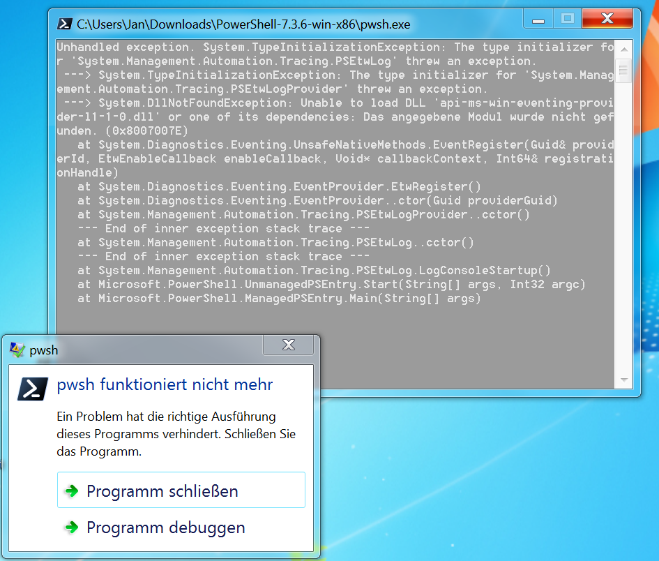 pwsh.exe crash on Windows 7 (snapshot attached) · Issue #20217 · PowerShell/PowerShell · GitHub