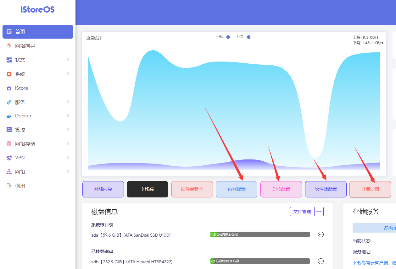 iStoreos首页中间位置的七大模块，只有“网络向导” “终端” “固件更新”可以正常使用 ，其他的四个按钮从来没管用过 · Issue ...