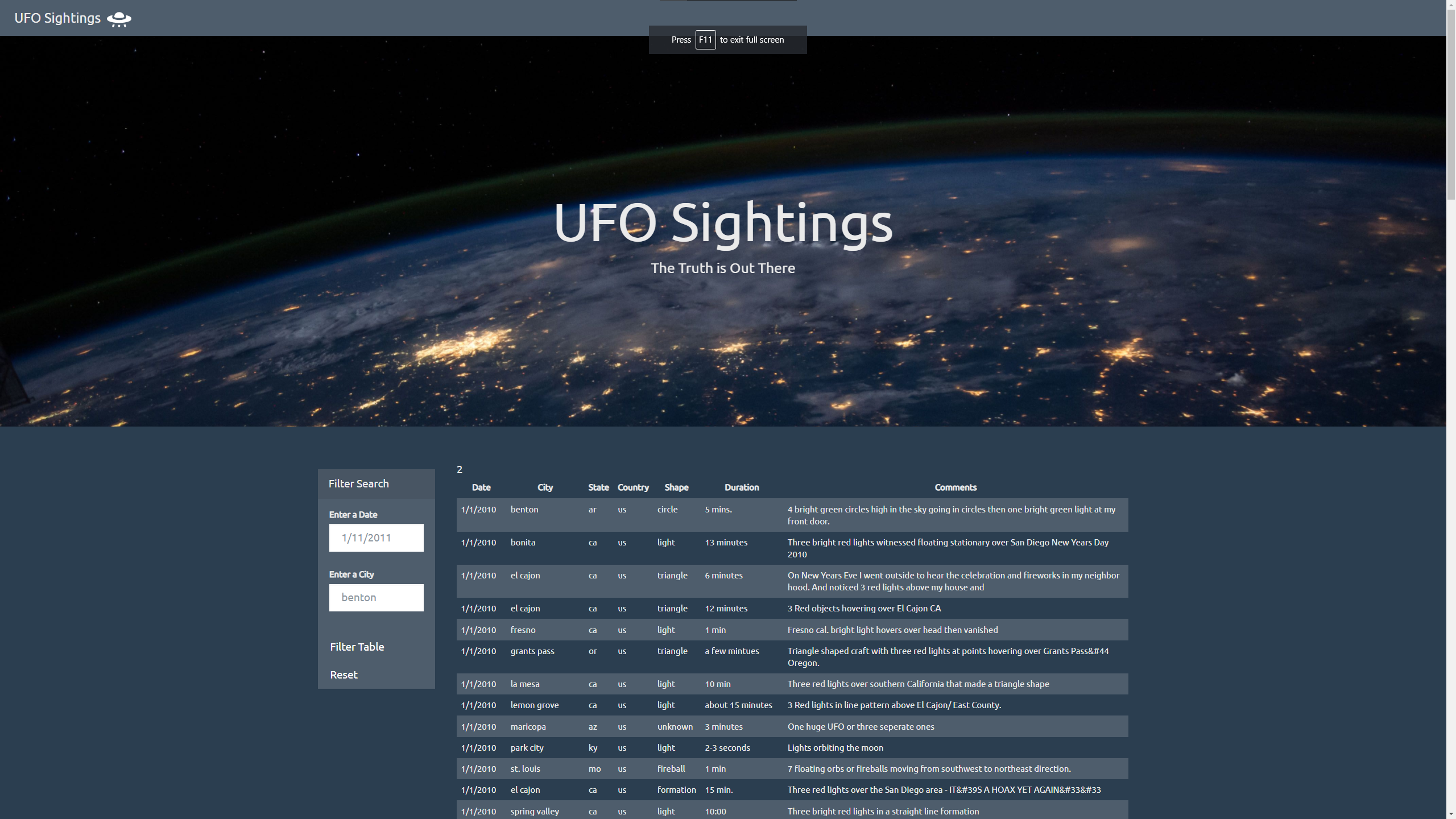 GitHub - cscherer007/UFO-Data-Dashboard: In this project I created an HTML webpage to display a ...