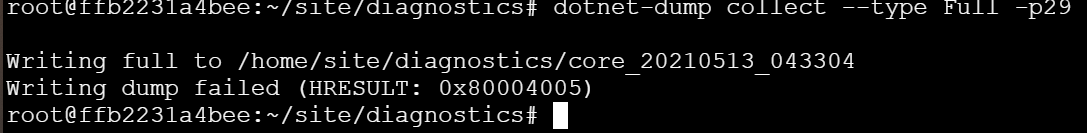dotnet-dump collect error: Writing dump failed (HRESULT: 0x80004005) · Issue #1342 · dotnet ...