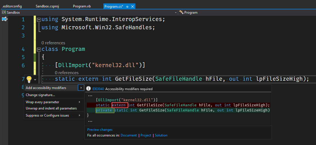 Refactoring Bug When Running Add Accessibility Modifier To Extern Methods · Issue 44145 