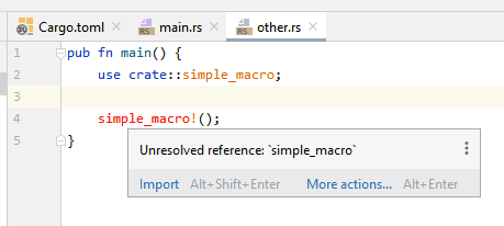 False positive "unresolved reference" on macro imported from another file inside a function ...