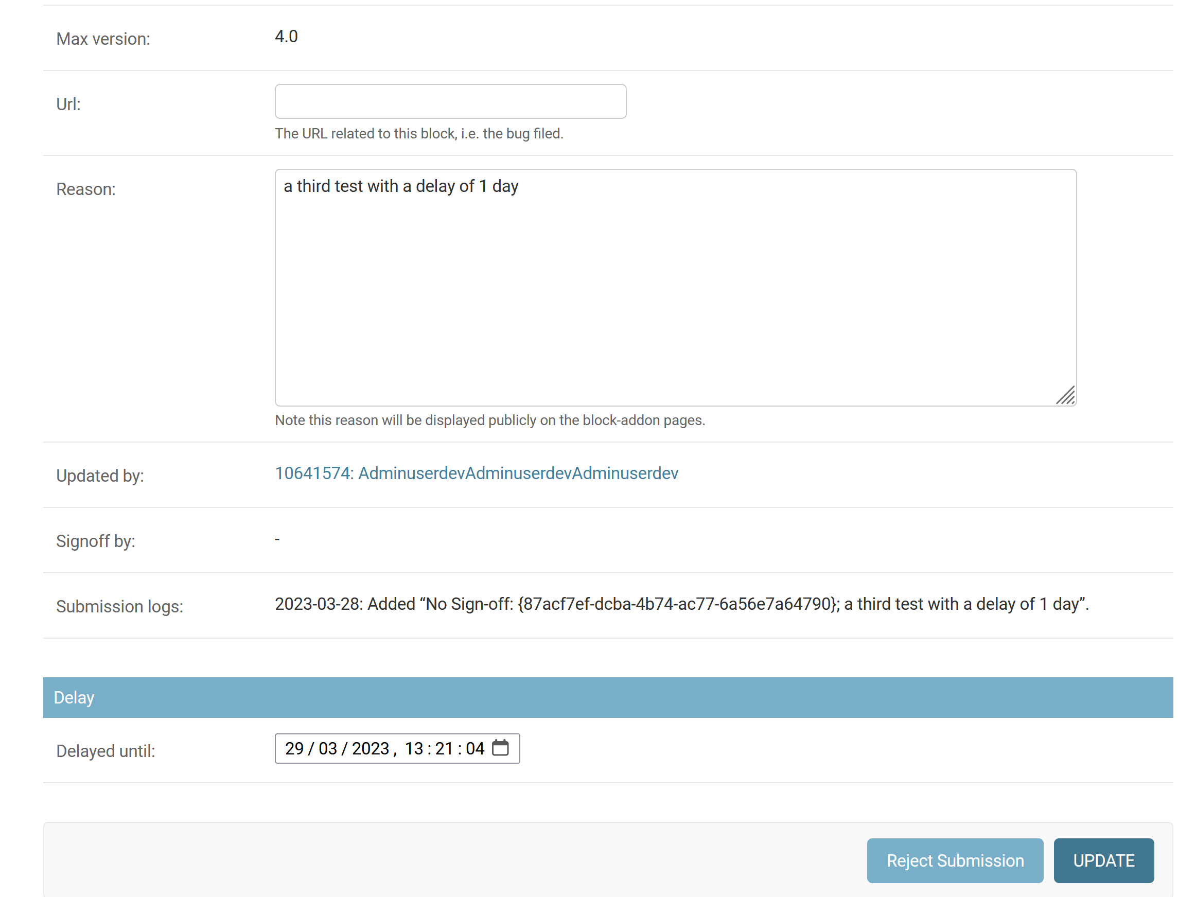 Allow a BlockSubmission to be created with a delay · Issue #9118 · mozilla/addons · GitHub