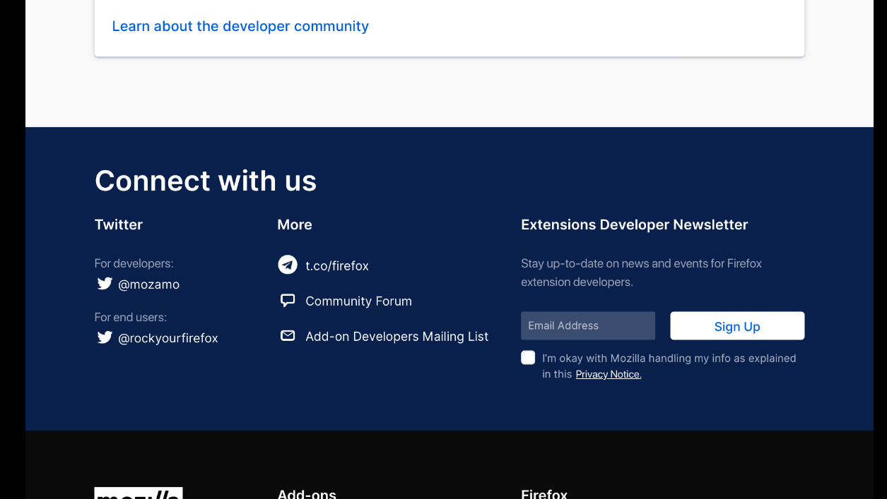 Add "connect with us" section to devhub landing page · Issue #7044 · mozilla/addons · GitHub