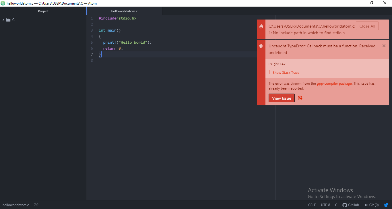No Include Path In Which To Find Stdio h Issue 374 Kriscross07 atom gpp compiler GitHub