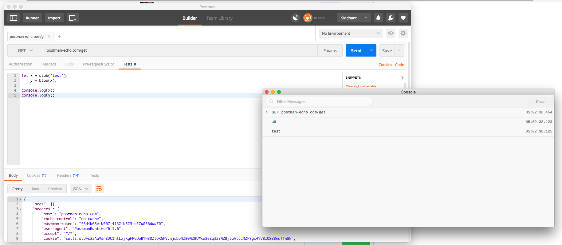 There was an error in evaluating the Pre-request Script: TypeError: btoa is not a function ...