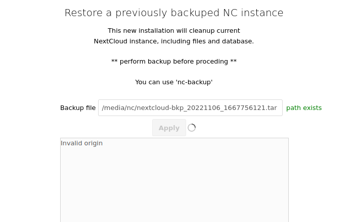 Nextcloud restore "Invalid origin" · Issue #1654 · nextcloud/nextcloudpi · GitHub