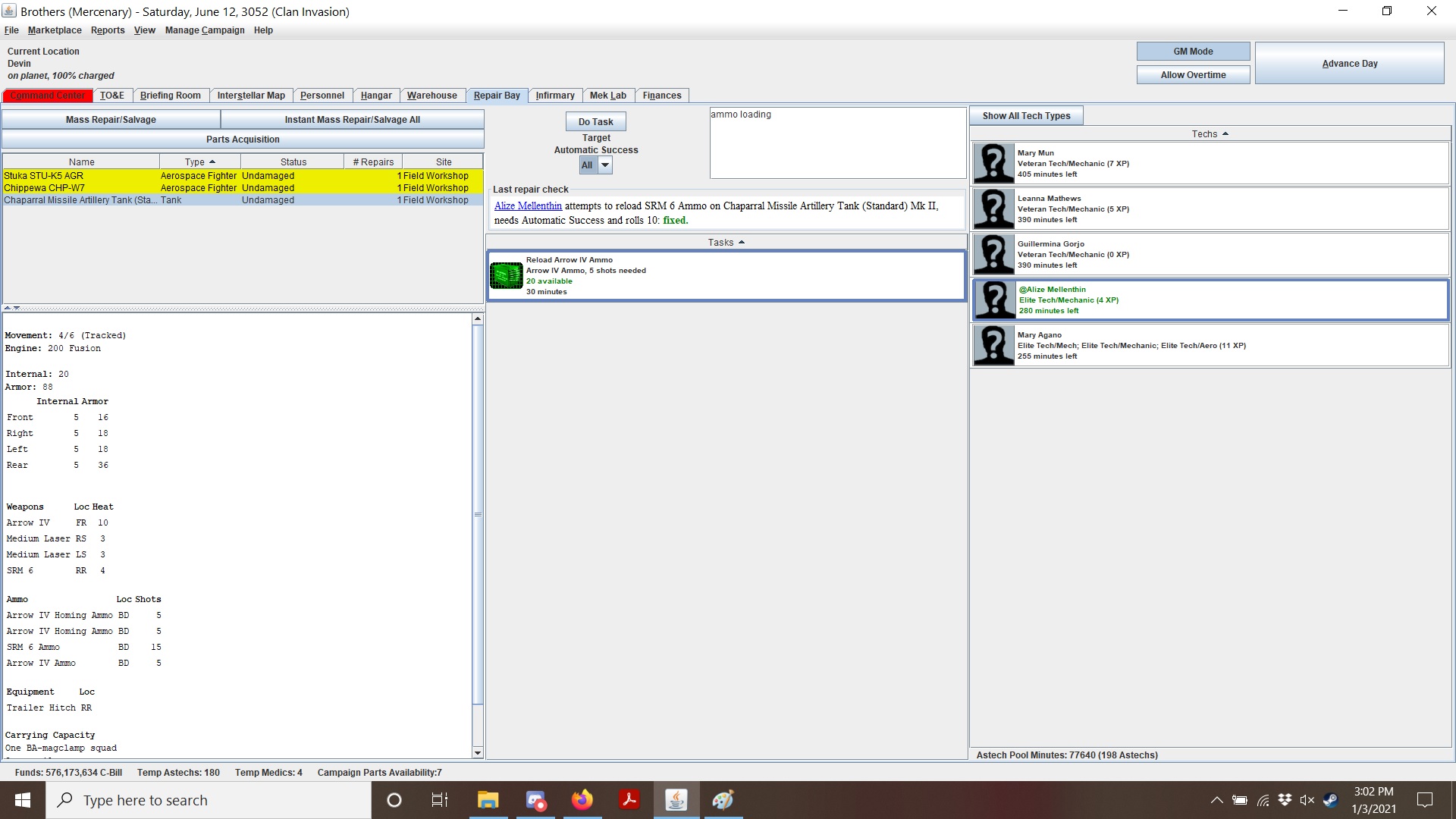 Reloading error for Stuka, Chippewa and Chapparral Artillery Tank · Issue #2341 · MegaMek/mekhq ...
