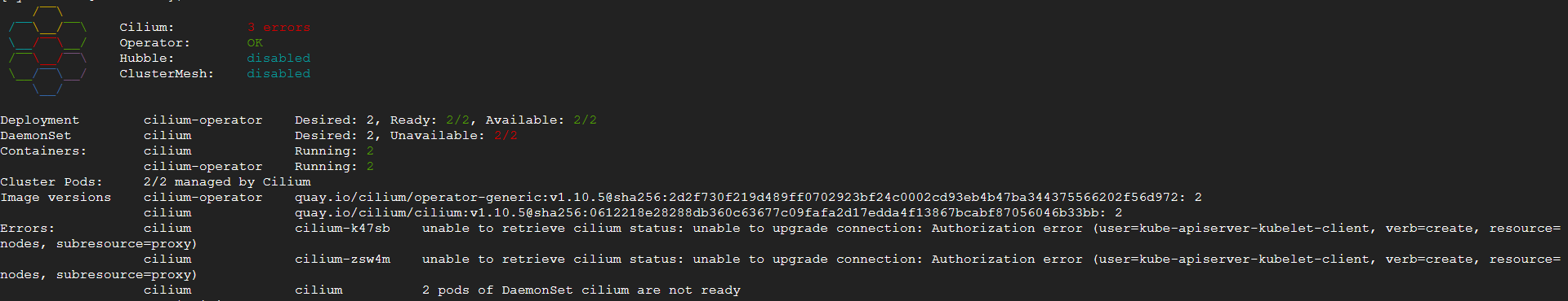 Install cilium v1.10.5 unable to retrieve cilium status: unable to upgrade connection ...