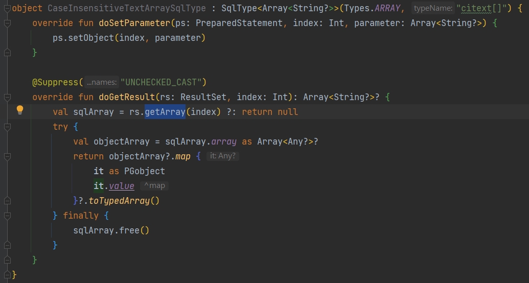 ResultSet.getArray(index) return PGobject in custom SqlType · Issue #335 · kotlin-orm/ktorm · GitHub
