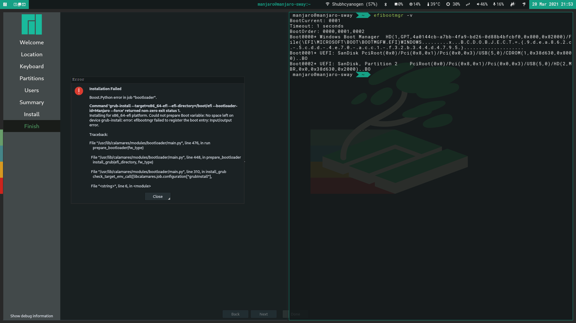 Grub installation fails saying no space left on device · Issue #48 · manjaro-sway/manjaro-sway ...