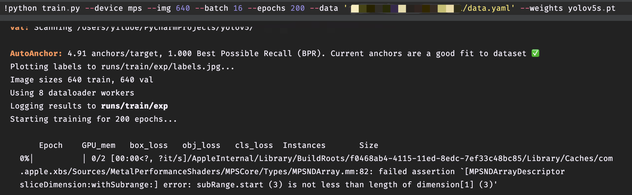 [Segmentation] MPS Crash on training start. error: subRange.start (3) is not less than length of ...