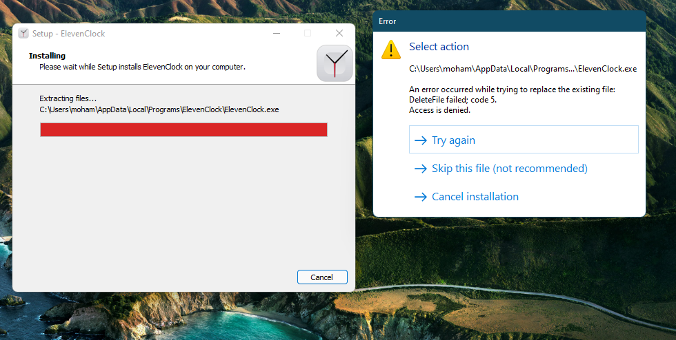 [BUG] "Access denied" while updating · Issue #392 · marticliment/ElevenClock · GitHub
