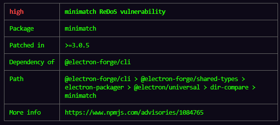 [SECURITY] minimatch vulnerability found in Electron Forge CLI · Issue #3097 · electron/forge ...