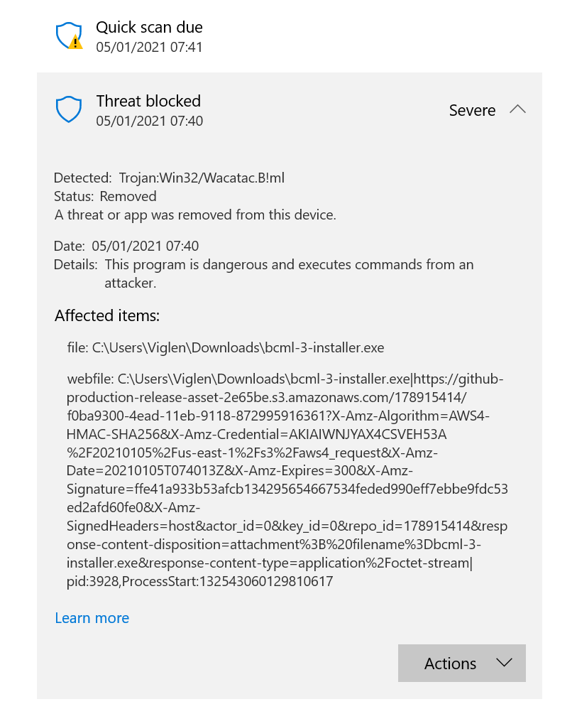 windows security detected trojan · Issue #108 · NiceneNerd/BCML · GitHub