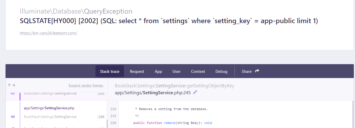 While Setup Portal Getting Sqlstate[hy000] [2002] Sql Select From `settings` Where `setting