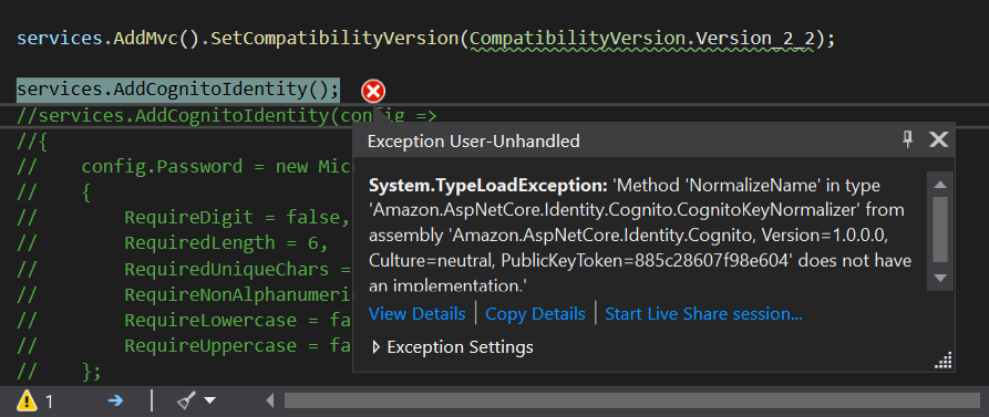 Error On Startup · Issue 103 · Awsaws Aspnet Cognito Identity Provider · Github 