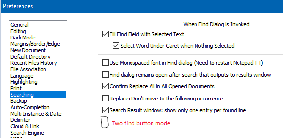 Move 2-button Find-next configuration setting to Preferences ...