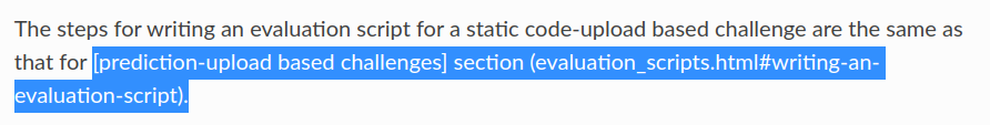Rectify redirection in evaluation script documentation · Issue #3946 · Cloud-CV/EvalAI · GitHub