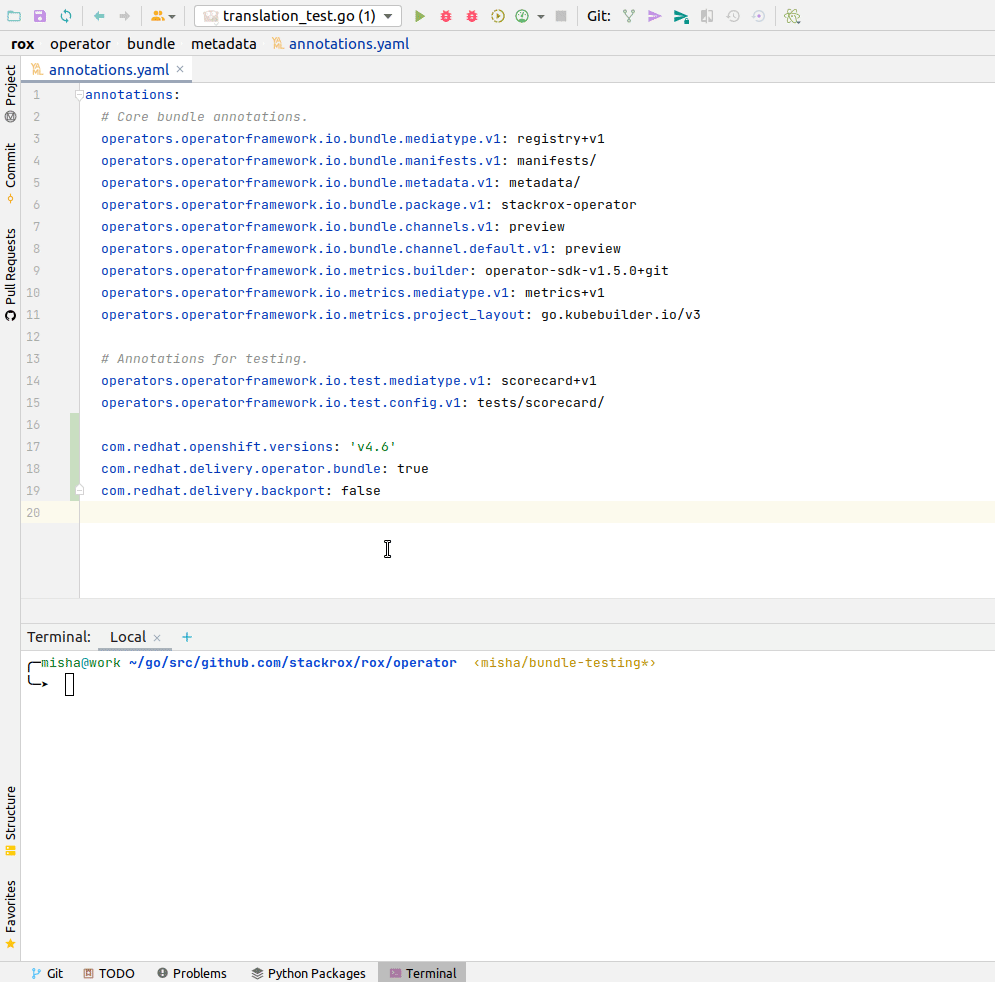 The annotations added on the bundle/metadata/annotations.yaml are not ending up in the bundle ...