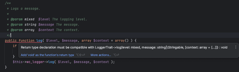 Logger interface incompatible with Psr\Log\LoggerTrait:log() (968) · Issue #1518 · woocommerce ...