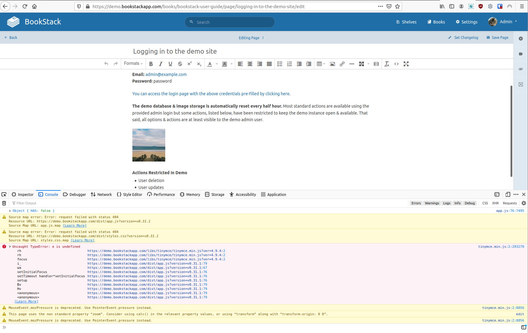 tinymce error in console log · Issue #2461 · BookStackApp/BookStack · GitHub