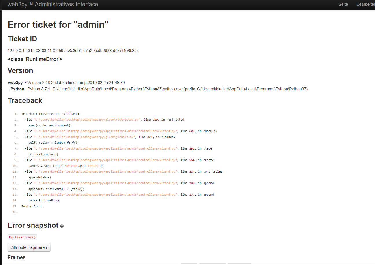 Runtime Error when using the wizard · Issue #2123 · web2py/web2py · GitHub