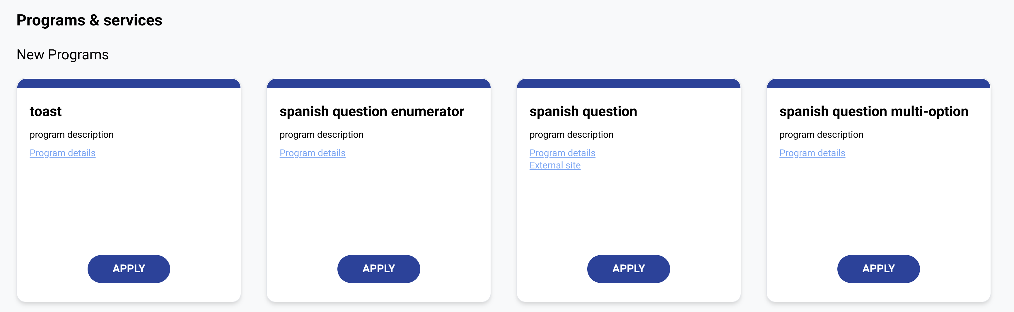 For screen readers, add unique descriptions to "Apply" and "program details" buttons on homepage ...