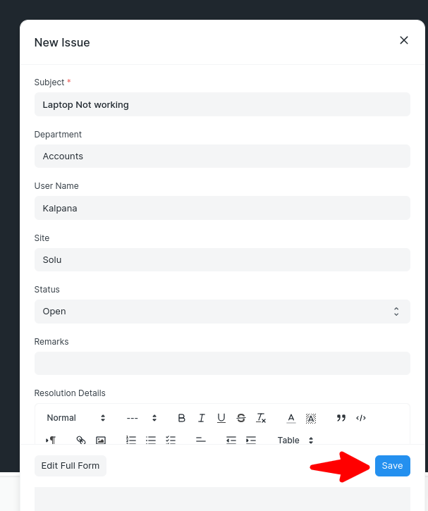 On Quick Entry Form of Issue List doesn't get saved after saving the document. It Remains ...