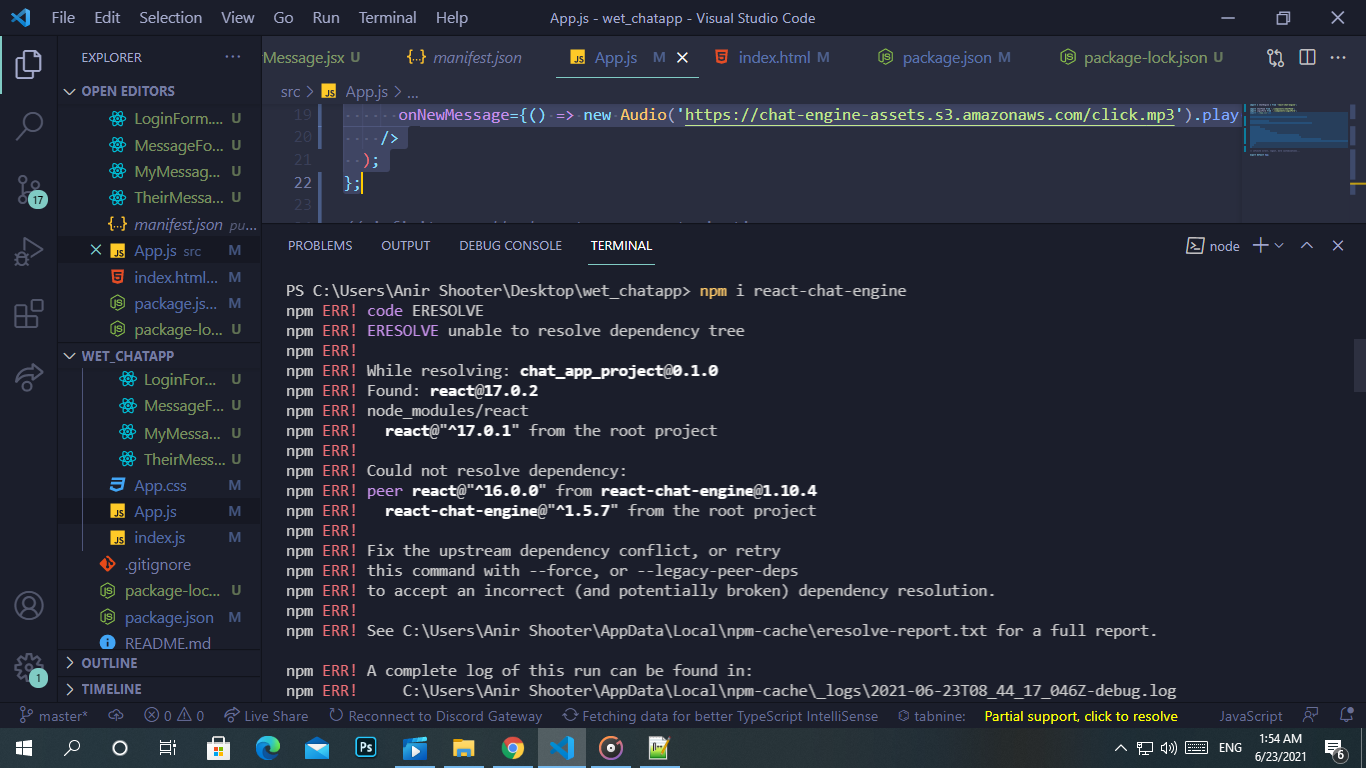 Getting error while npm install react-chat-engine · Issue #8 · adrianhajdin/chat_application ...