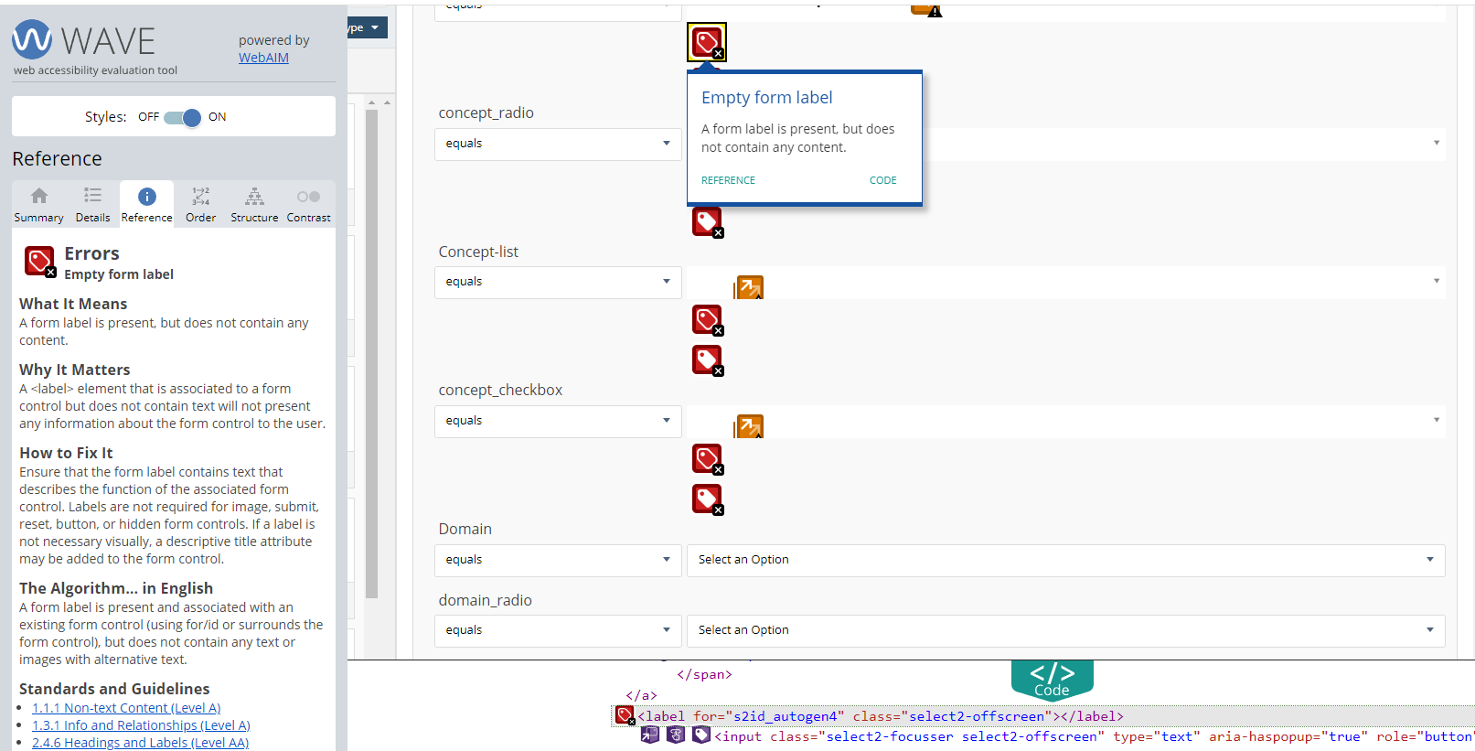 Advanced Search Selectors - 3.3.2 Labels or Instructions - 7 missing and 6 empty form labels ...