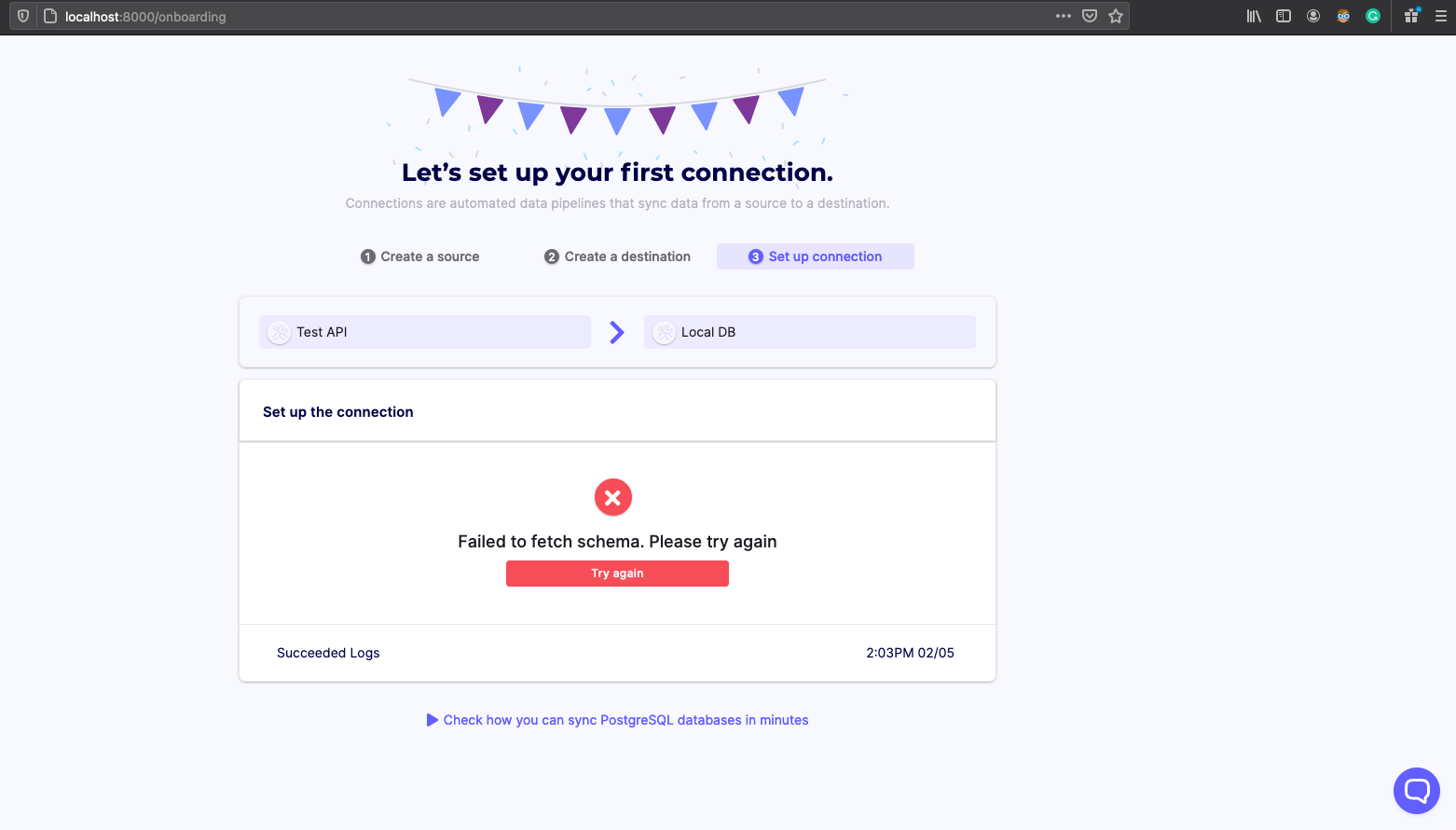 Onboarding UX: Stuck in the onboarding set-up connection with Failed to fetch Schema. Please try ...