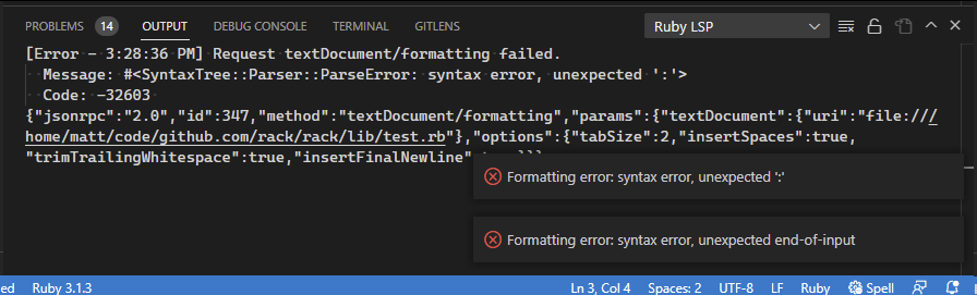 Limited coding assistance and Ruby LSP tab under OUTPUT tab sometimes ... Limited coding assistance and Ruby LSP tab under OUTPUT tab sometimes ...