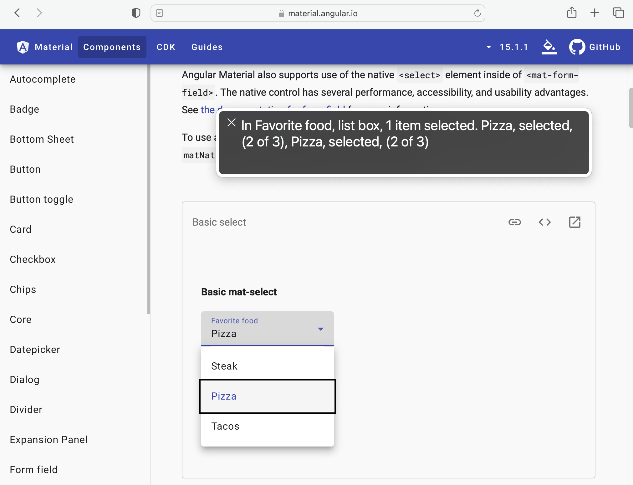 bug(MatSelect): With VoiceOver + Safari, VoiceOver doesn't read MatSelect options. · Issue ...