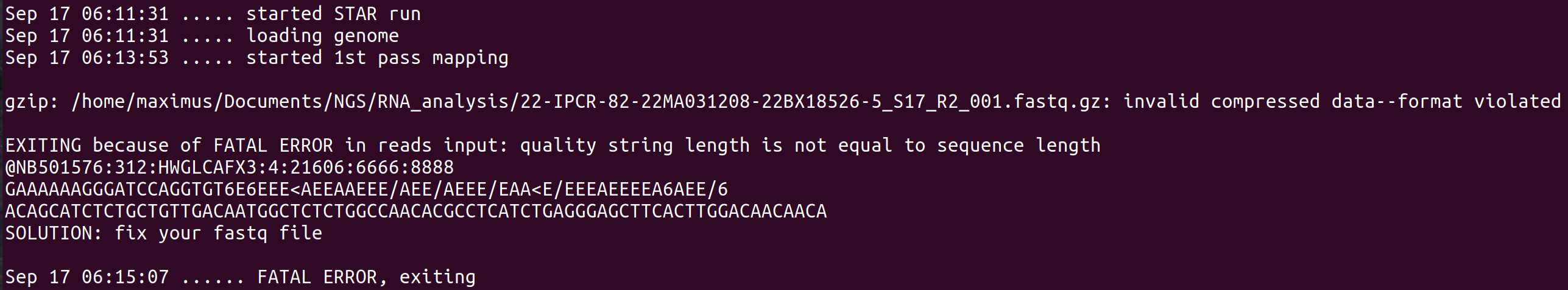 FATAL ERROR in reads input: quality string length is not equal to sequence length · Issue #1055 ...