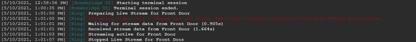 Streaming video only - ffmpeg was not found. See https://github.com/dgreif/ring/wiki/FFmpeg for ...