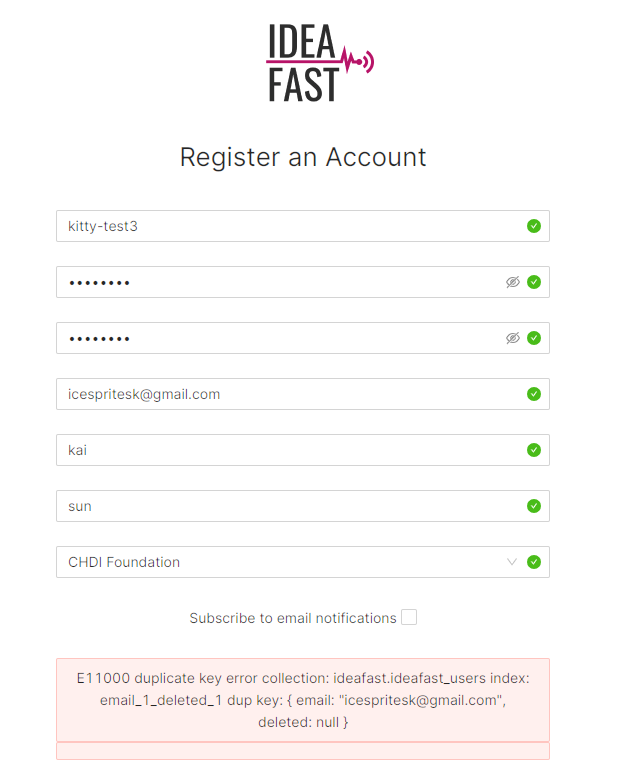 User readable error message when registering a new account with an ...