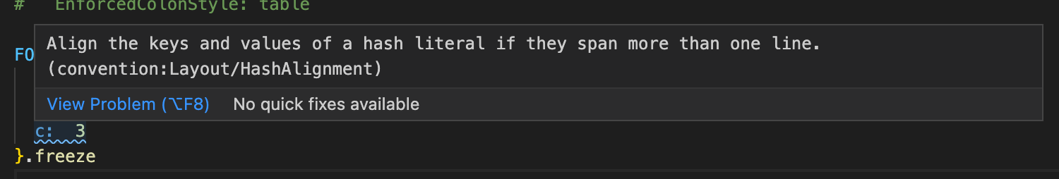 False negative with Layout/HashAlignment with table style · Issue #9888 · rubocop/rubocop · GitHub