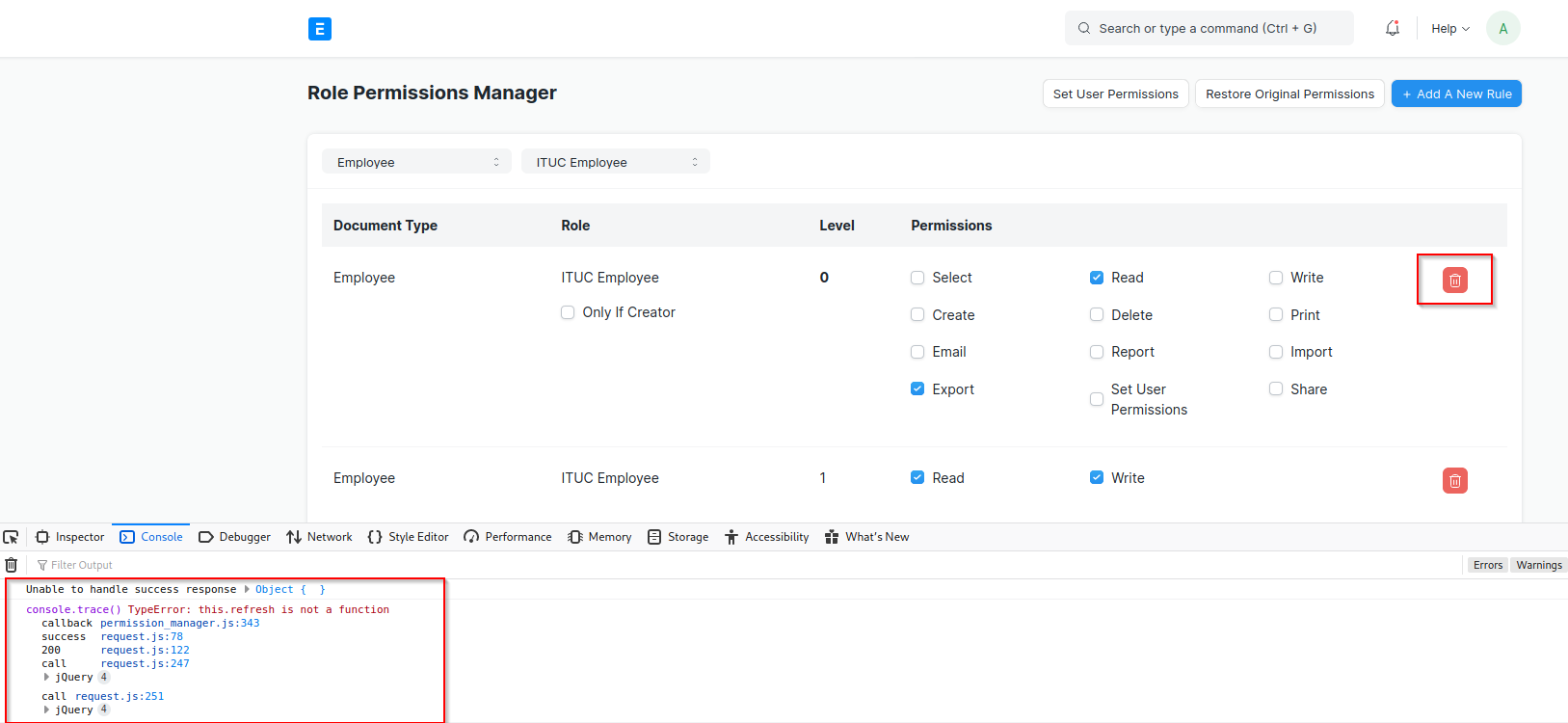 Role Permissions Manager: Delete-Button not working · Issue #14435 · frappe/frappe · GitHub
