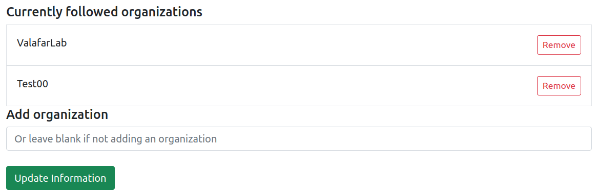 Users can add or remove their organizations from their profile page · Issue #294 · SCCapstone ...