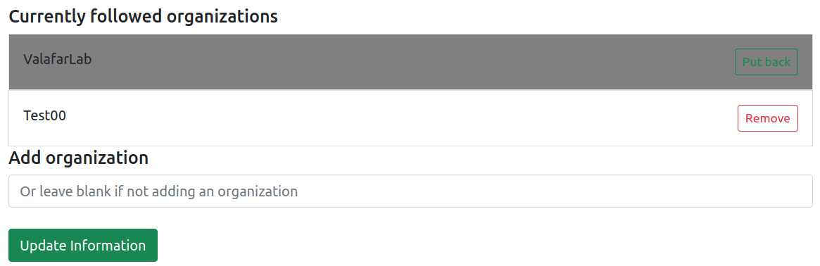 Users can add or remove their organizations from their profile page · Issue #294 · SCCapstone ...