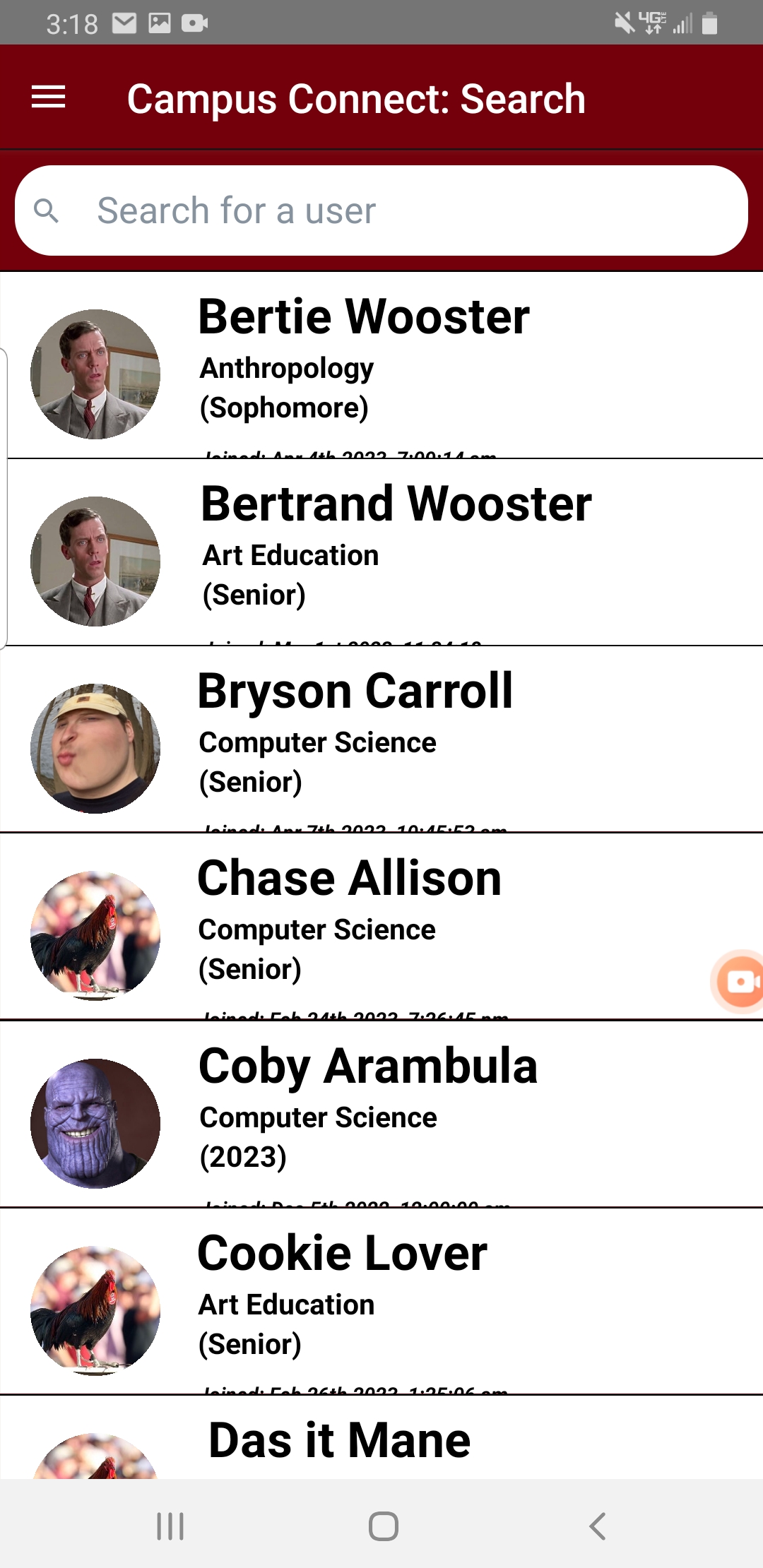 User joined date cut off when searching for a user · Issue #215 · SCCapstone/CampusConnect · GitHub